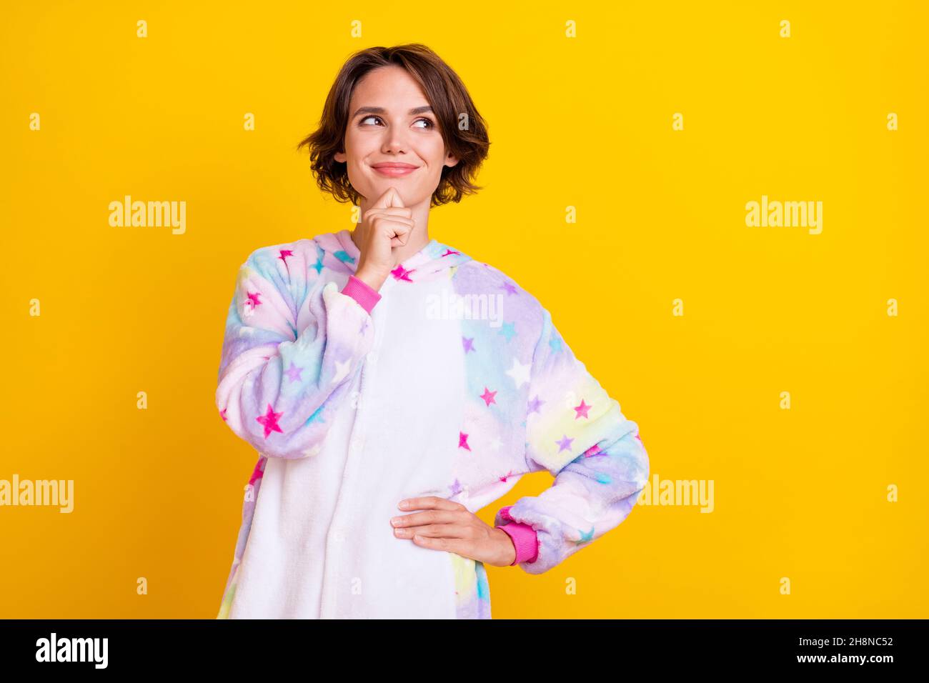 Photo of young attractive girl happy positive smile hand touch chin ...