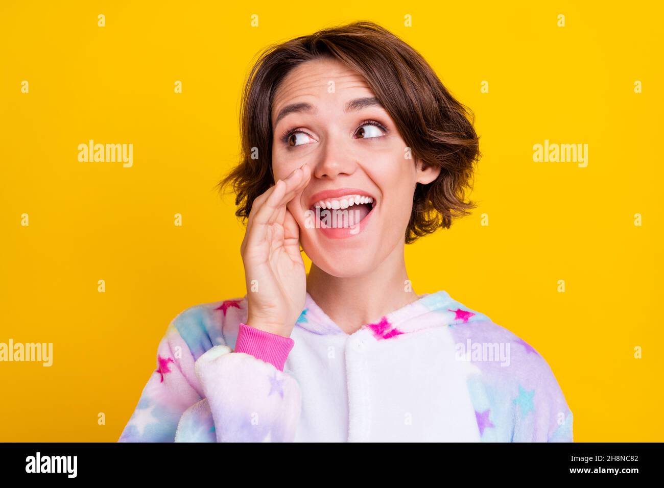 Photo of young cheerful girl happy positive smile hand near mouth ...