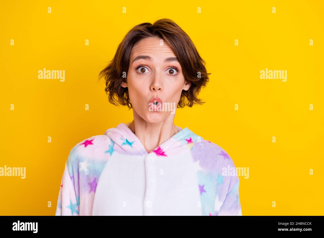 Photo of young woman shocked unexpected fake novelty information ...