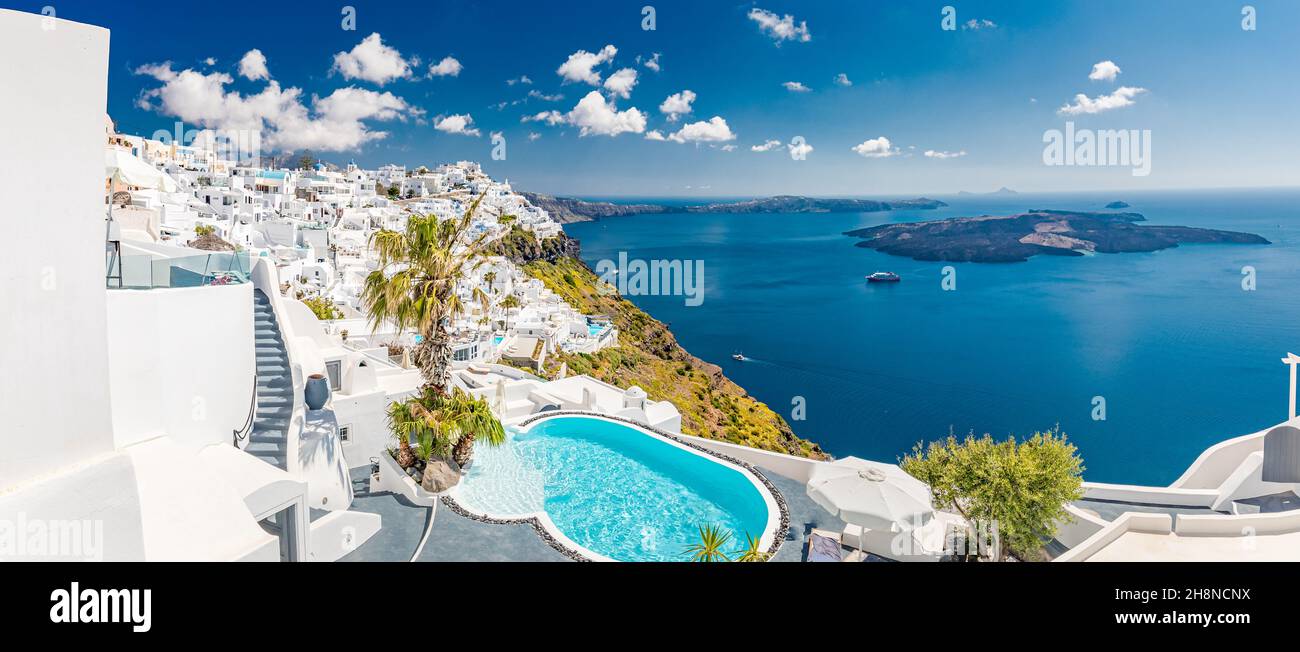 Santorini, Greece landscape, pool caldera view with flowers blue doors ...