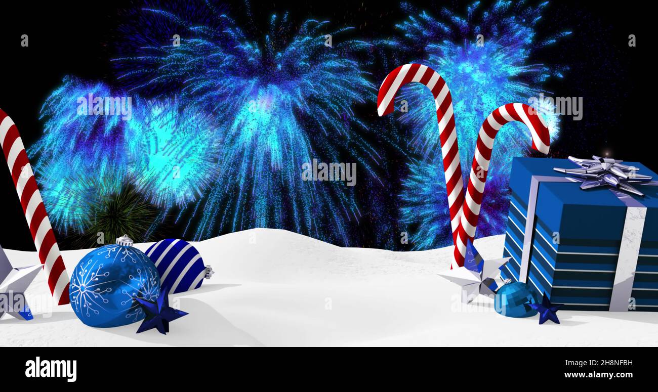 Image of christmas decorations and presents, with colourful fireworks ...