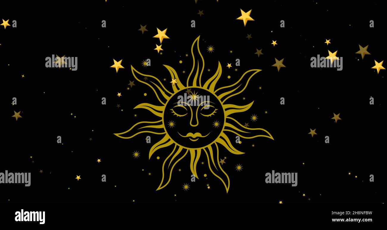 Image of gold sun and gold stars over snow falling on black background ...