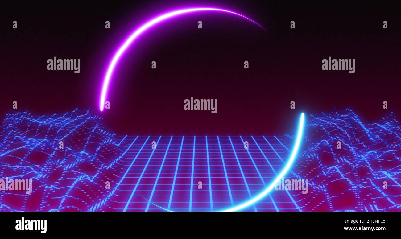 Image of neon circular scanner processing over blue grid landscape moving on black background ...