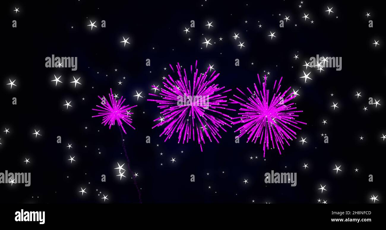 Image of pink christmas and new year fireworks exploding in starry ...