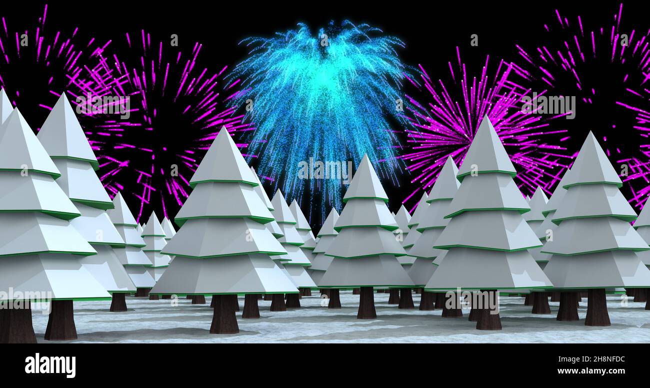 Image of pink and blue christmas and new year fireworks over white tree ...
