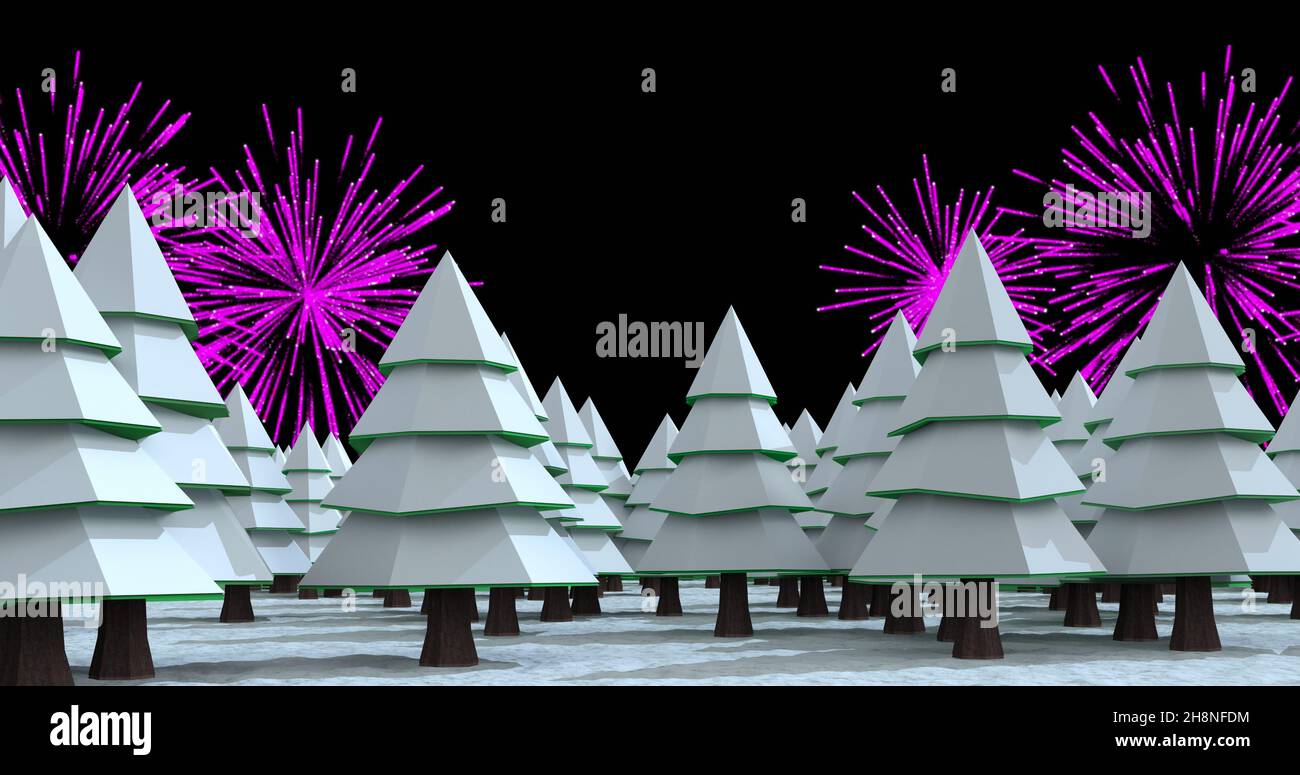 Image of pink and blue christmas and new year fireworks over white tree ...