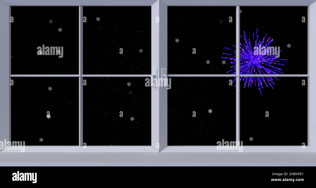 Image of window with white stars and christmas and new year fireworks ...