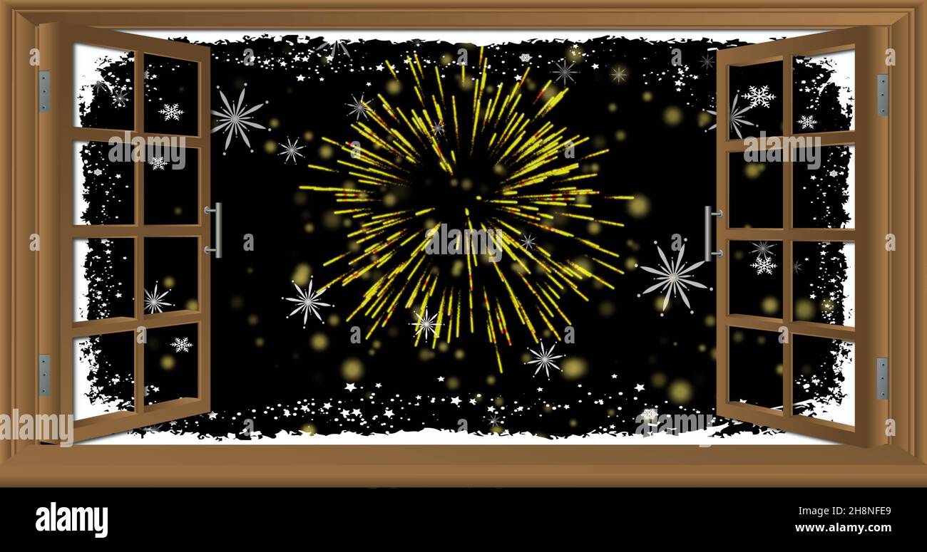 Image of open window with snowflakes and christmas and new year ...