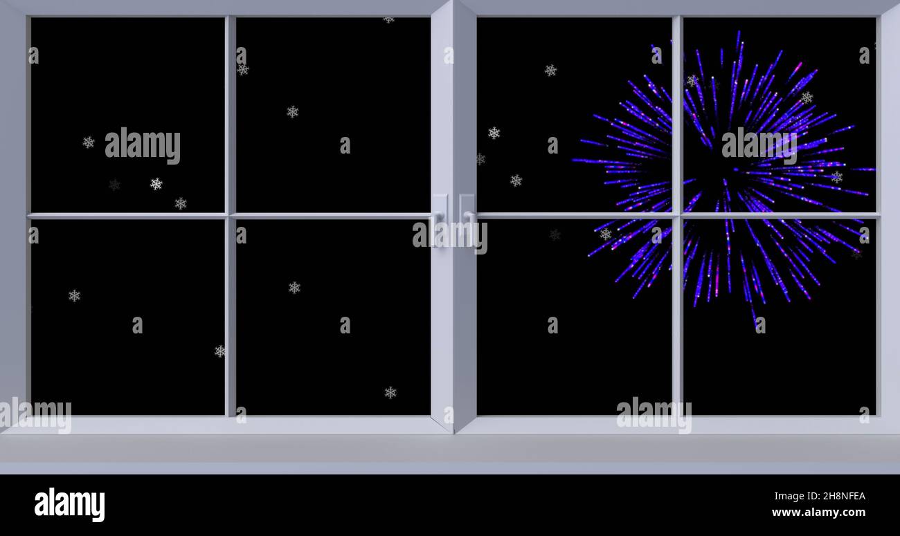 Image of window with white stars and christmas and new year fireworks ...