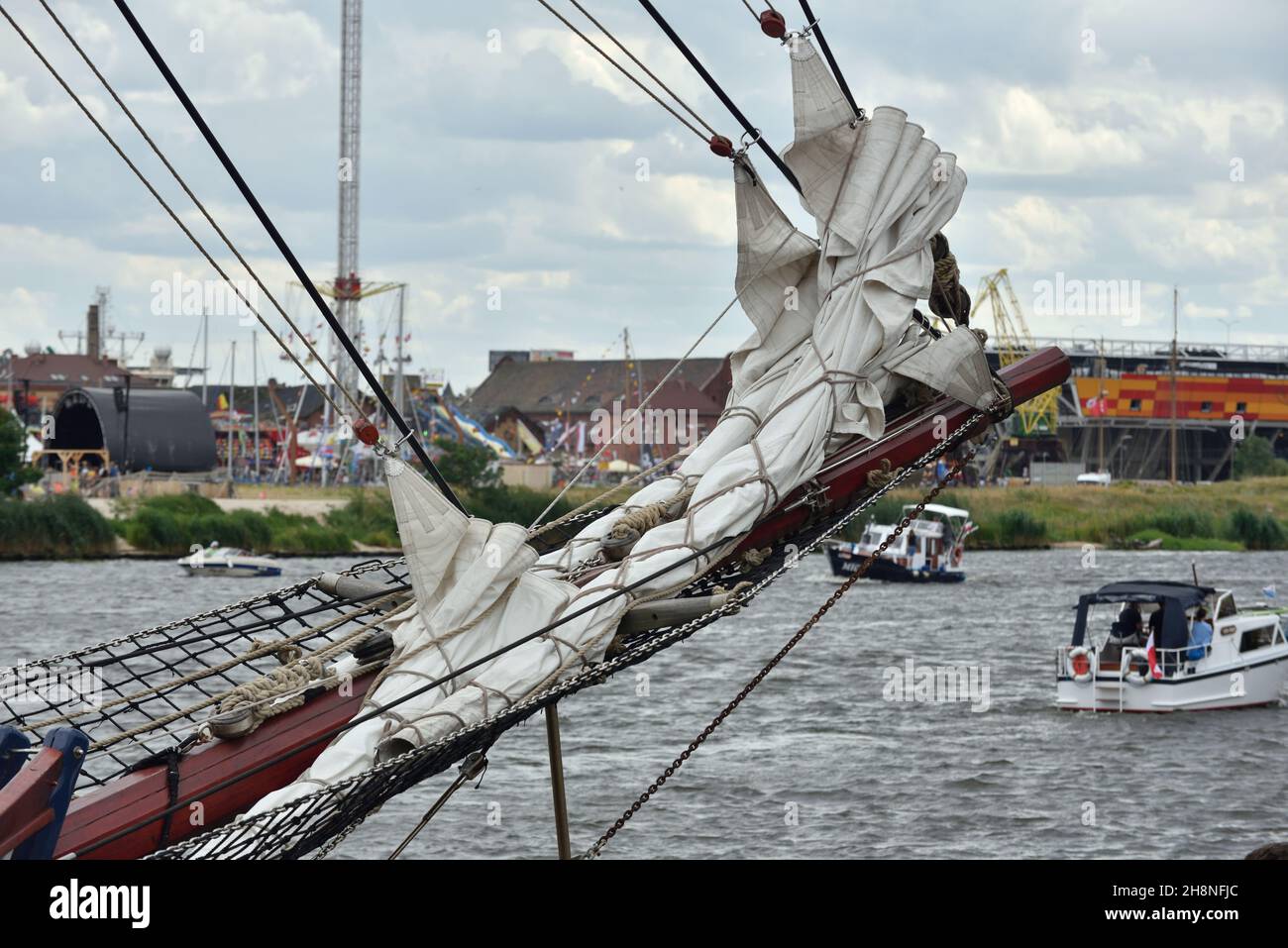 bowsprit with cleated sail and safety net Stock Photo - Alamy