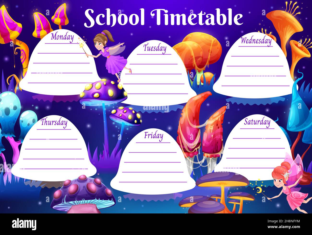 Education timetable schedule. Fairies and cartoon magic mushrooms ...