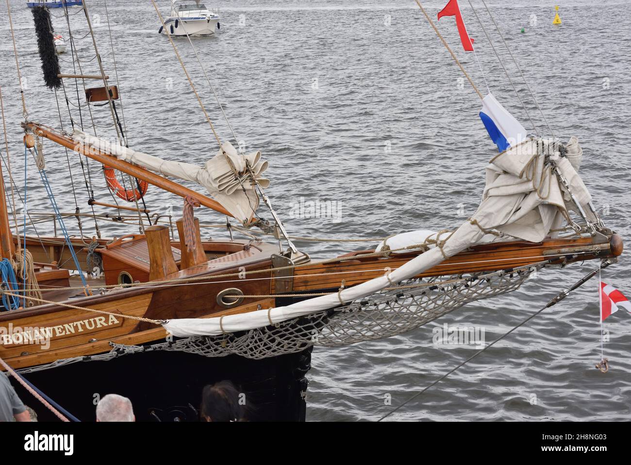 bowsprit with cleated sail and safety net Stock Photo - Alamy
