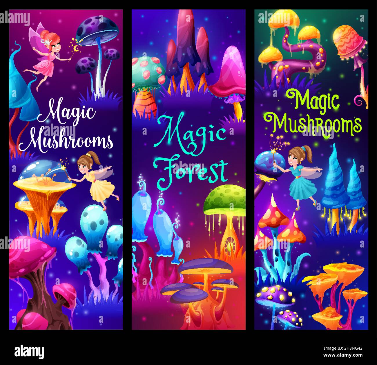 Fairy in fantastic magic mushroom forest, fairytale vector banners ...
