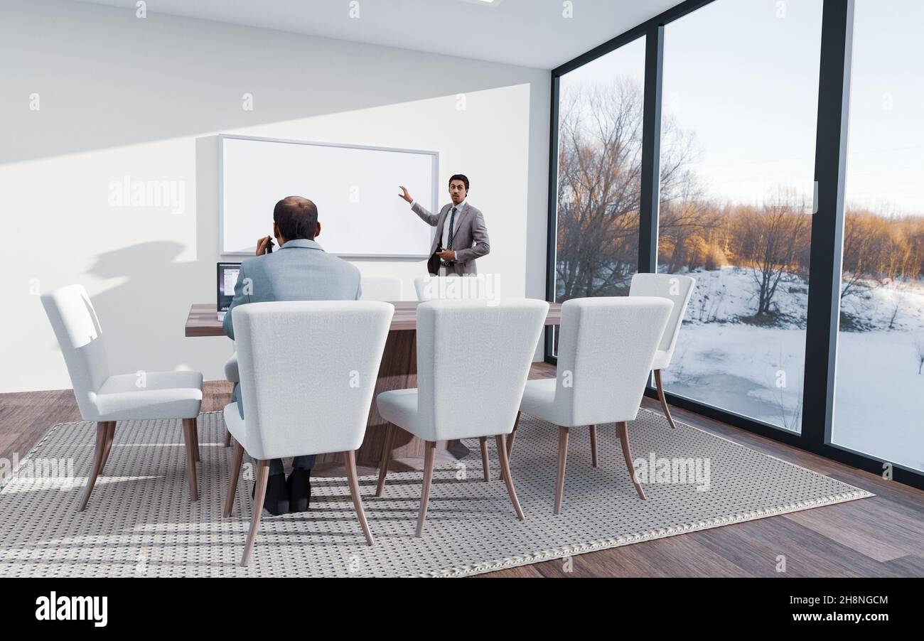 Young businessman presenting to colleague in meeting room. Male ...