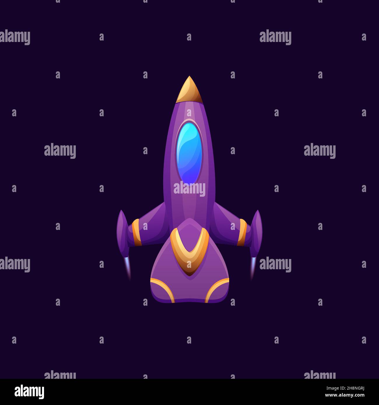 Flying cartoon rocket isolated cute rocketship in purple and yellow ...