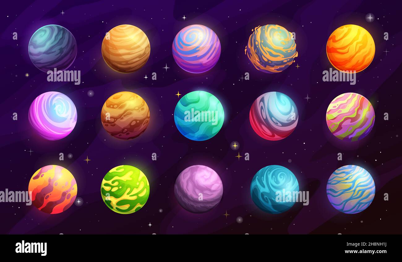 Cartoon galaxy space planets with ice, gas and ore, water, lava surface ...