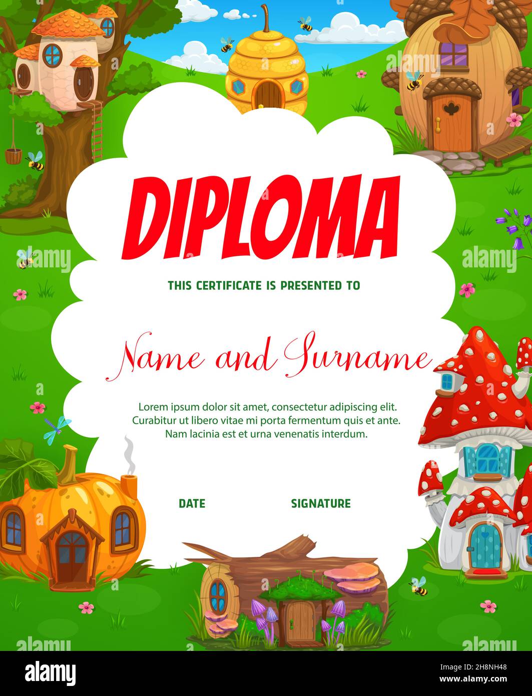 Kids vertical diploma with cartoon beehive, mushroom and pumpkin, stump ...