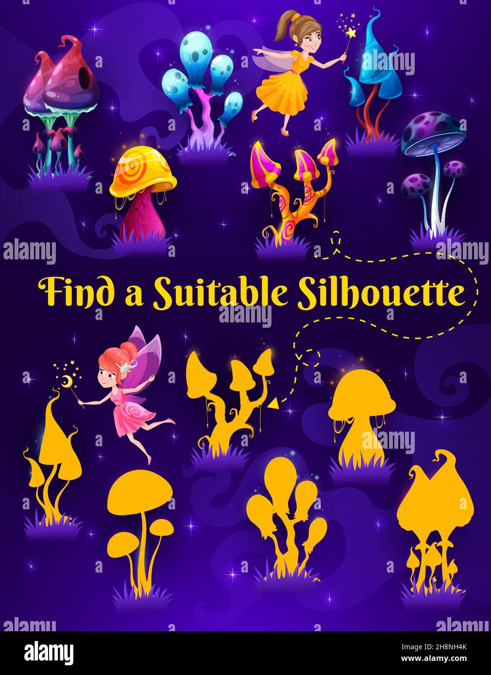 Find a correct mushroom shadow silhouette. Vector kids game, education ...