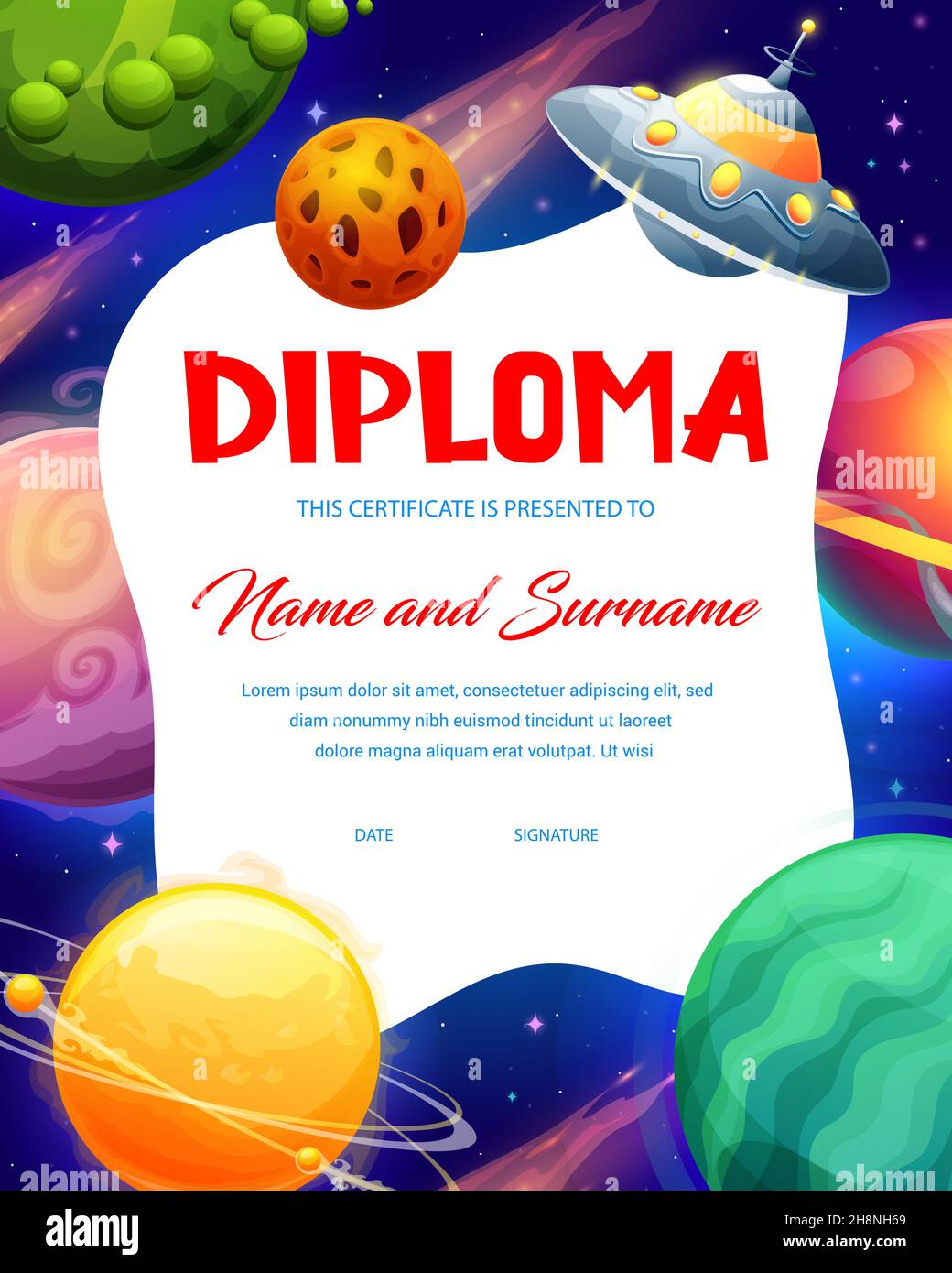 Kids diploma. Cartoon galaxy space planets and ufo. Education vector ...