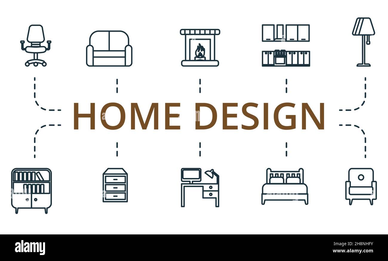 Home Design icon set. Collection of simple elements such as the desk ...