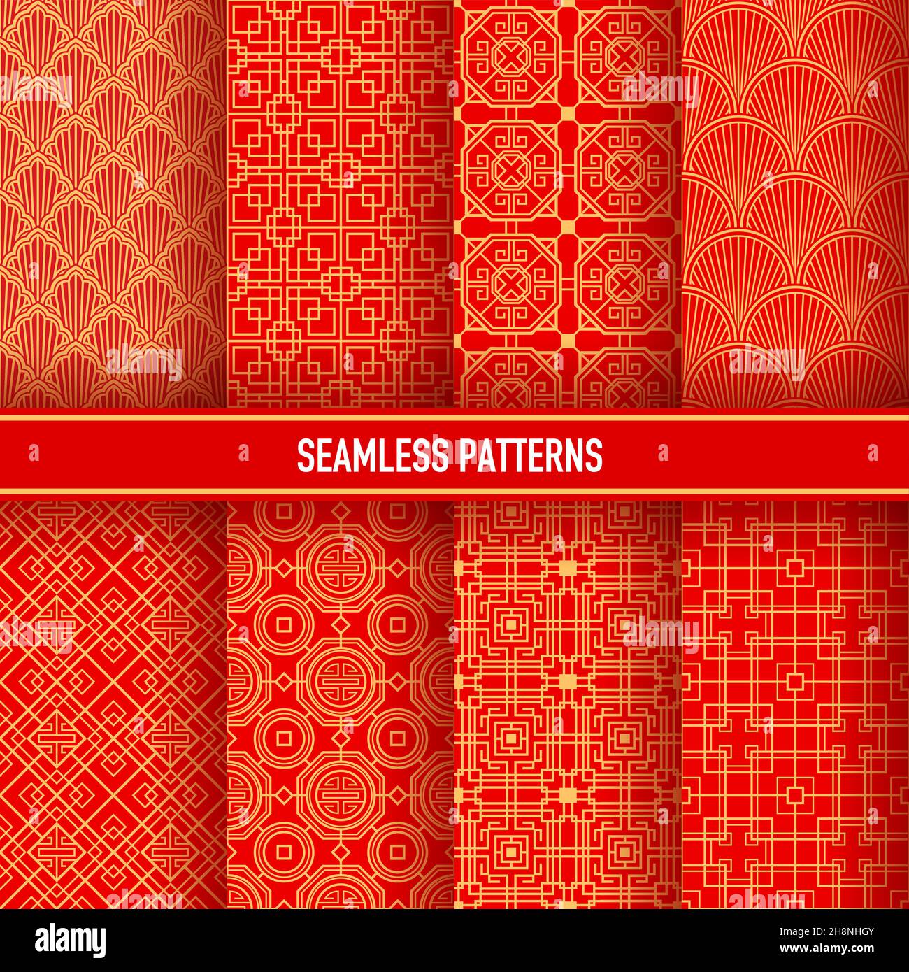 Asian seamless patterns. Korean, chinese and japanese ornaments, golden ...