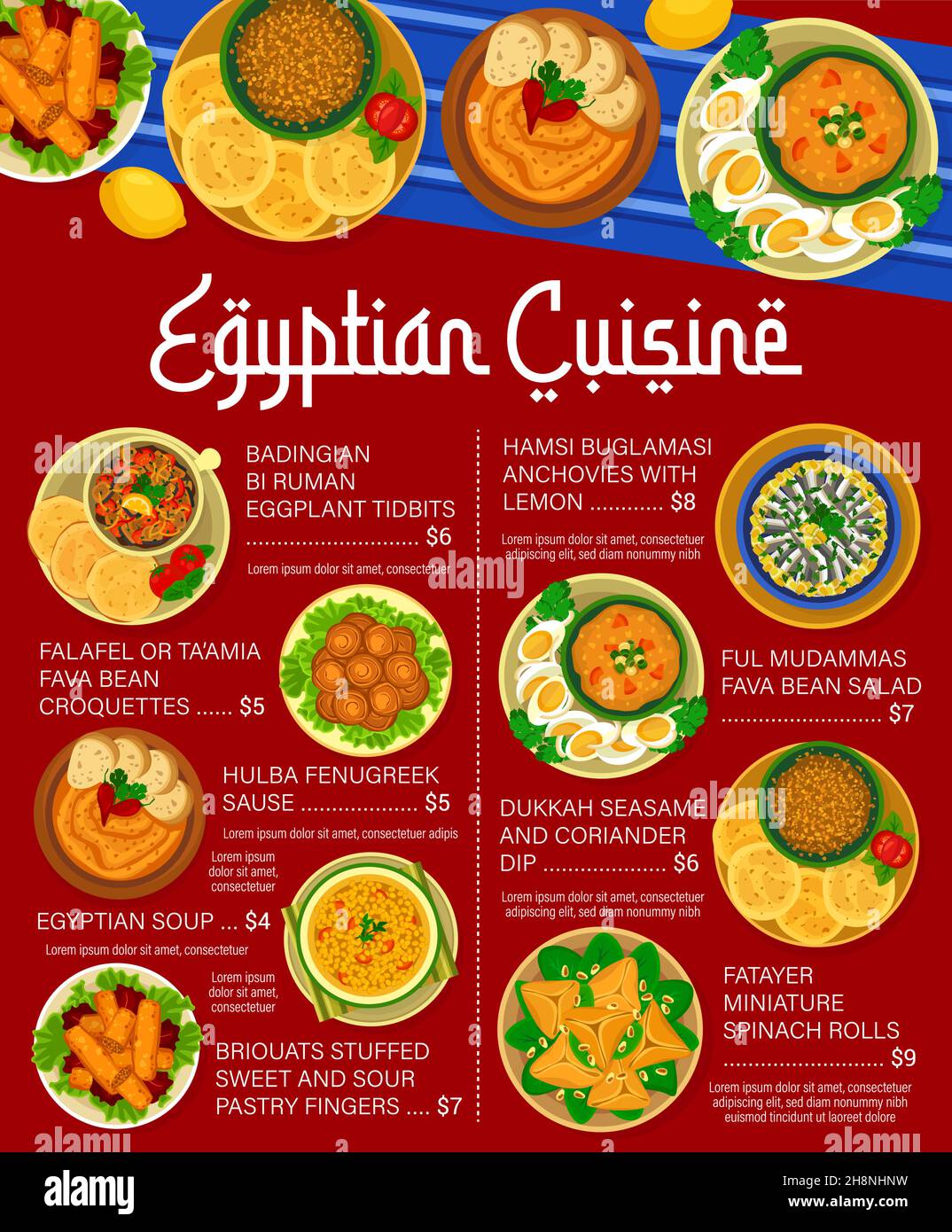 Egyptian cuisine menu page template. Eggplant tidbits, Egyptian soup ...