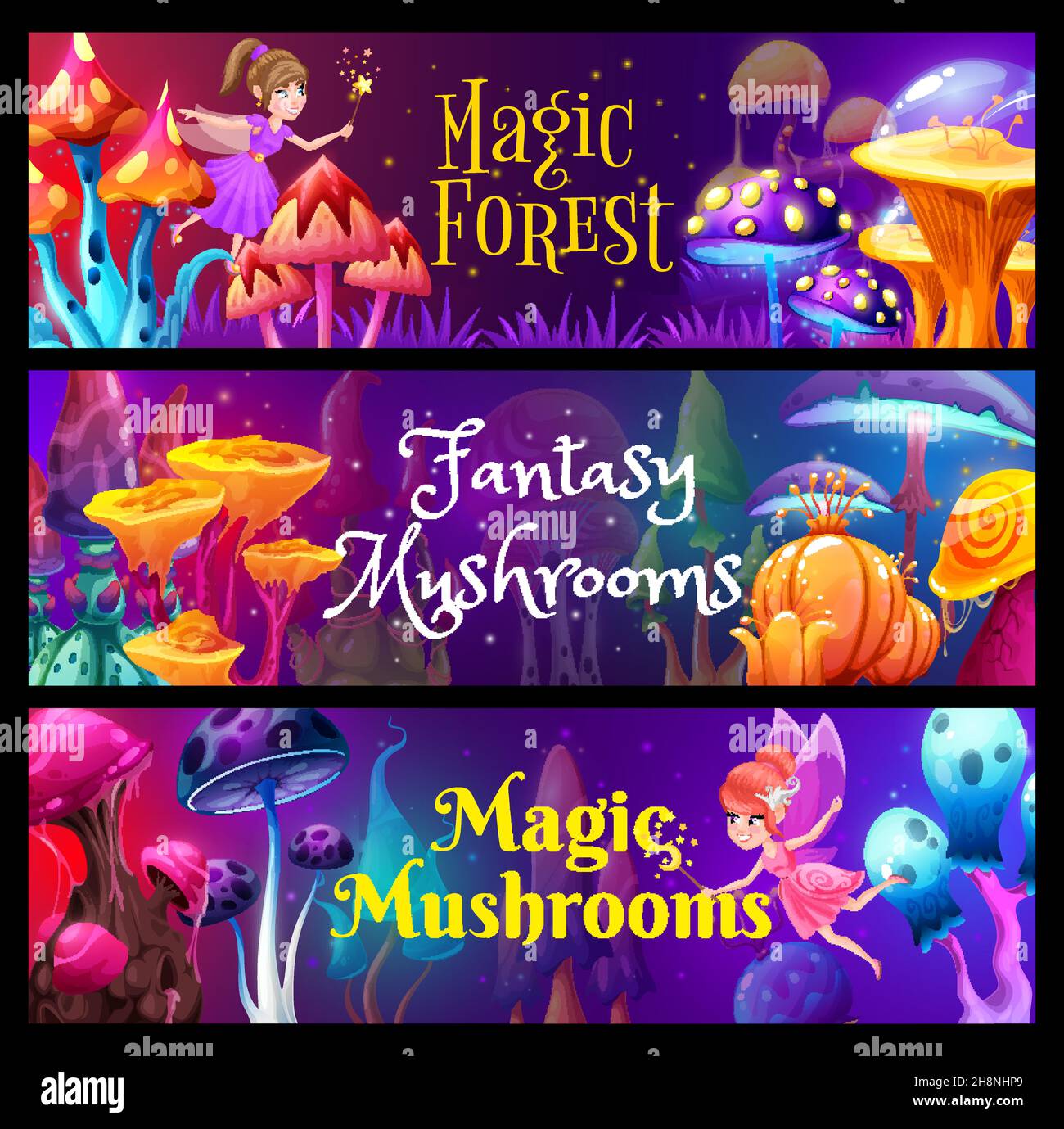 Fairy in fantasy magic mushroom forest. Vector banners with fairytale ...
