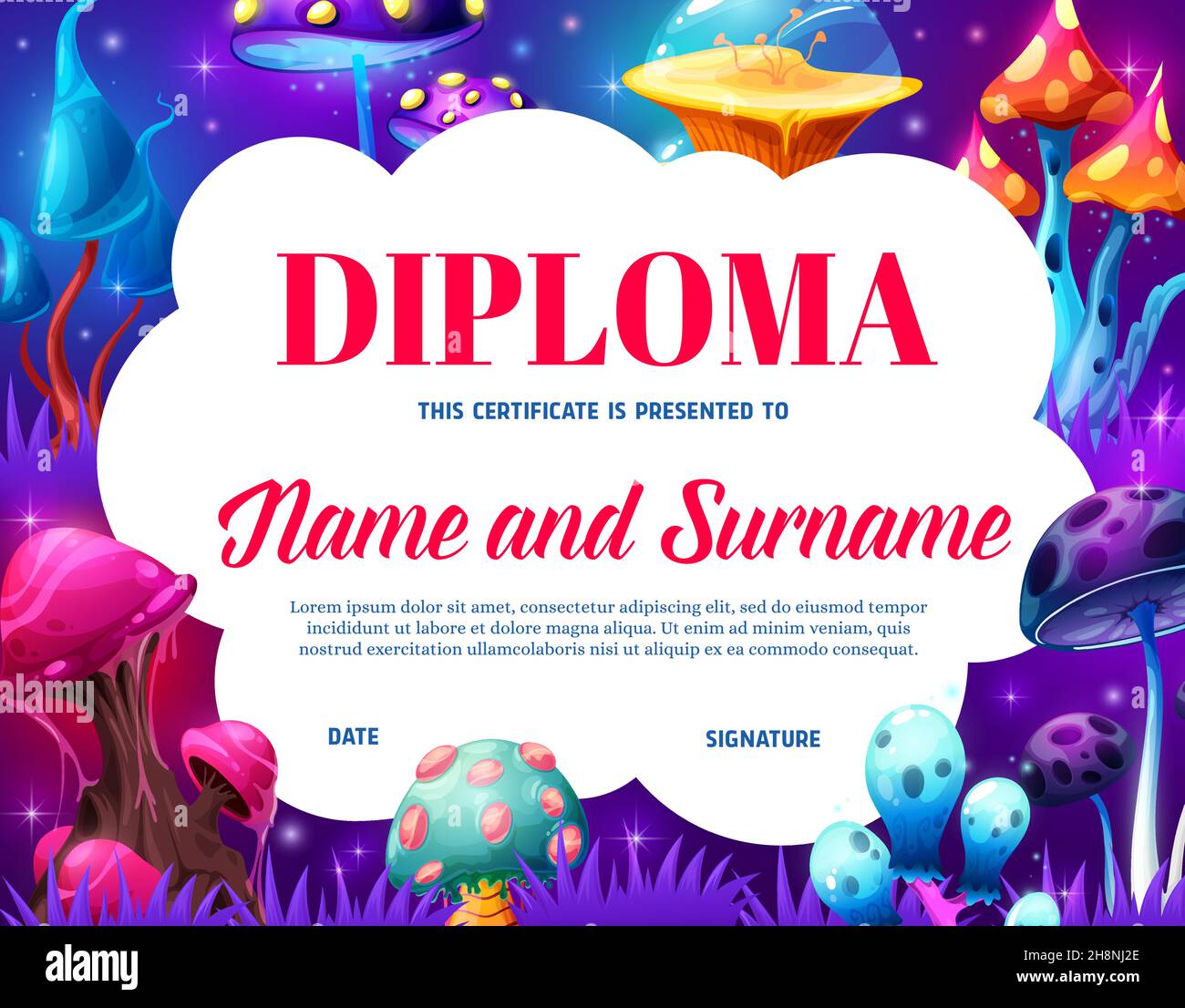 Kids diploma with fantasy magic mushrooms in fairy forest. Vector ...