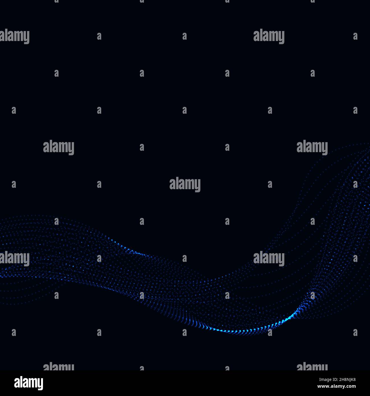 3d particles mesh array, sound wave flowing over dark background. Shining points vector effect ...