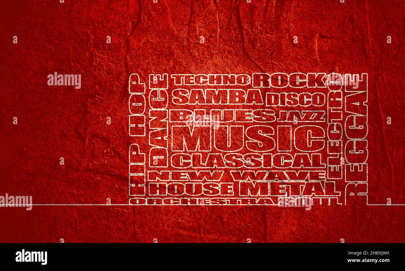 Main music genres clouds list thin line tags Stock Photo - Alamy