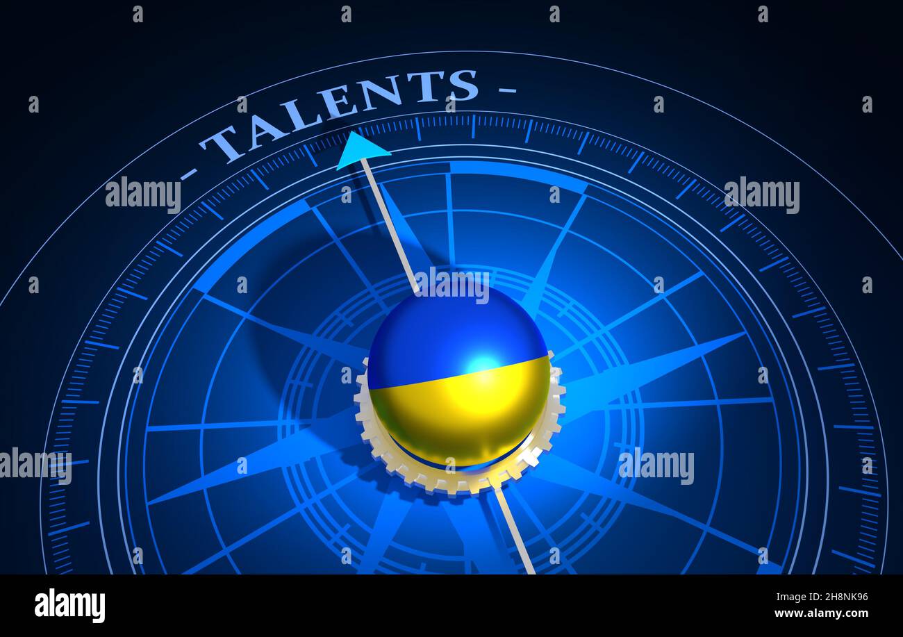 Abstract compass points to the talents word. Flag of Ukraine. 3D ...