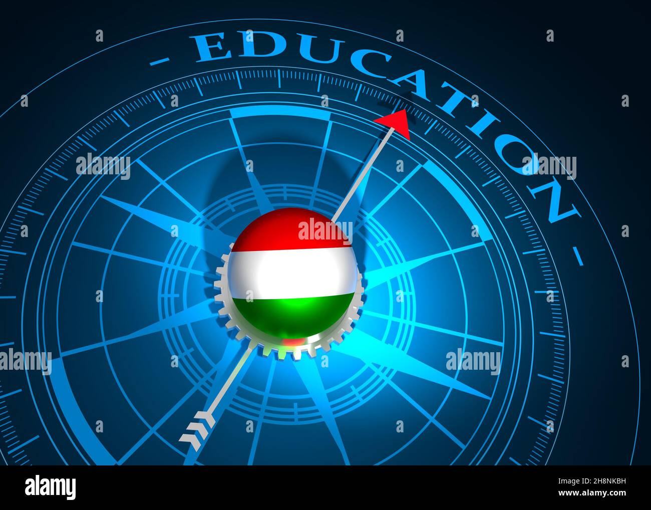 Abstract compass points to the education word. Flag of Hungary. 3D ...