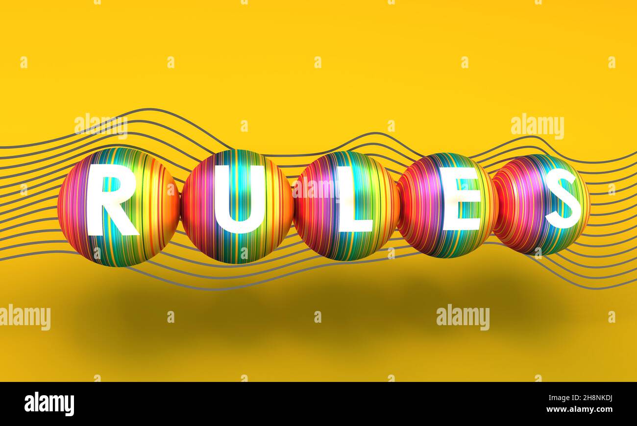 Typography poster with rules word on striped spheres. 3D rendering ...