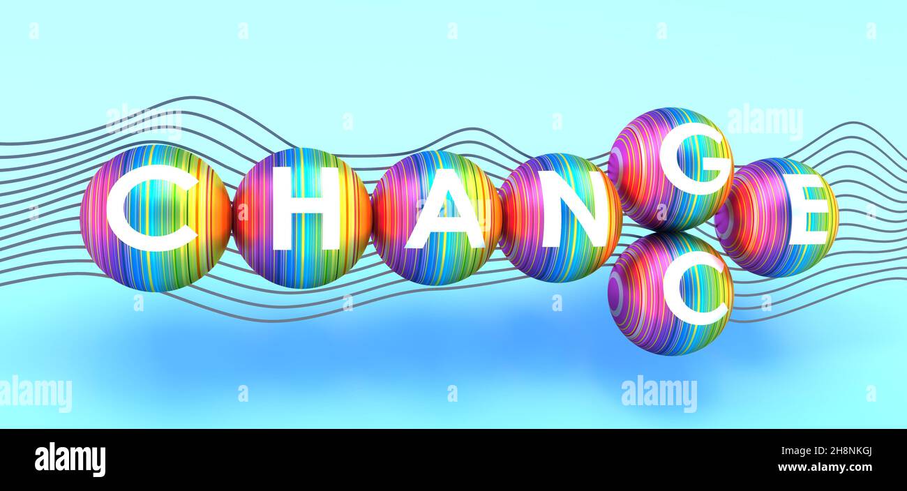 Typography poster with change and chance words on striped spheres. 3D ...