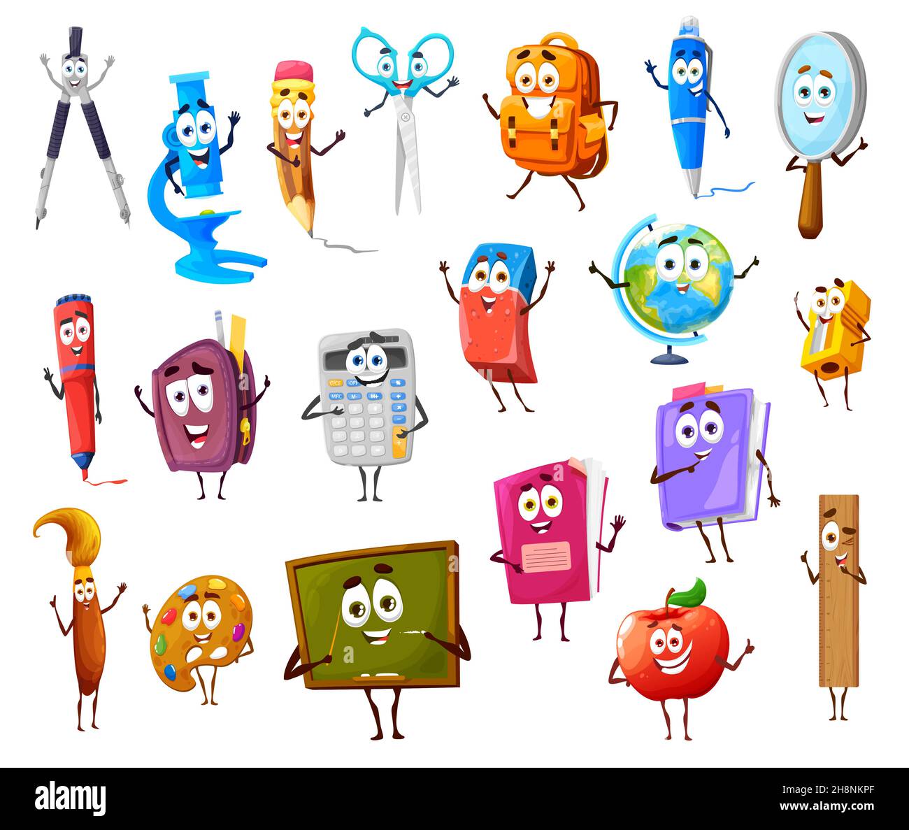 Cartoon cute funny school supplies and stationery characters, vector ...