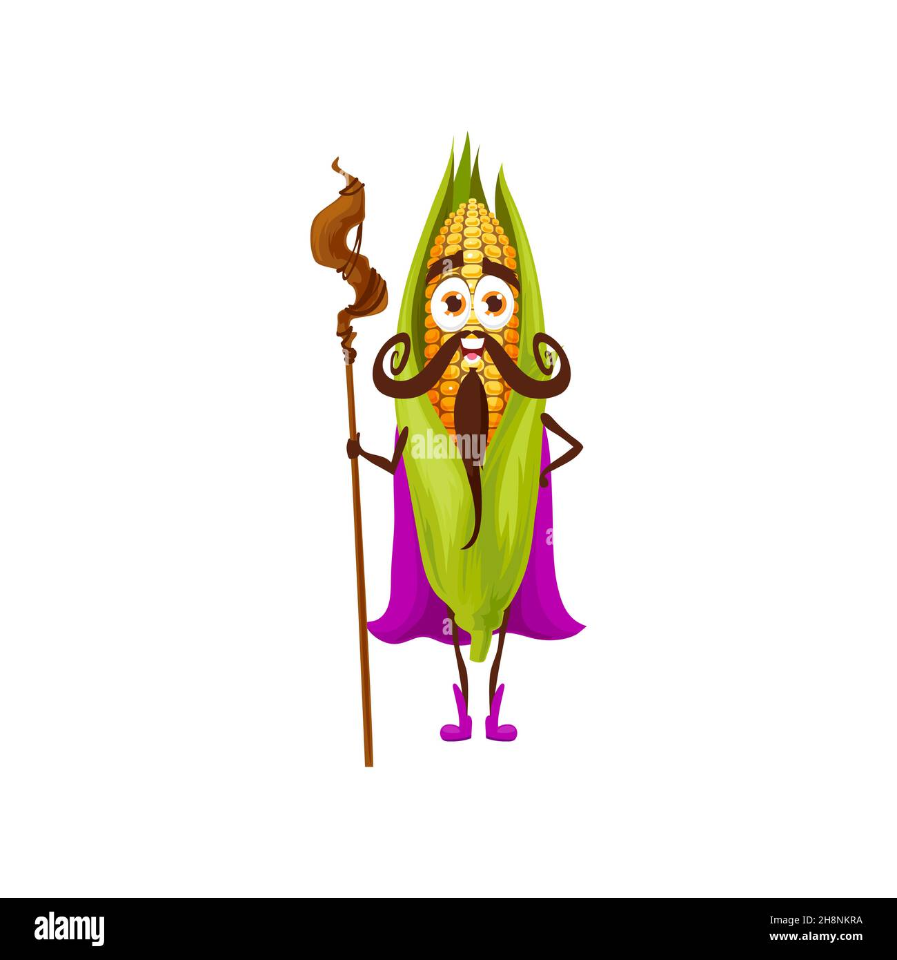 Corn cob vegetable wizard with magic crook in cape isolated cartoon ...