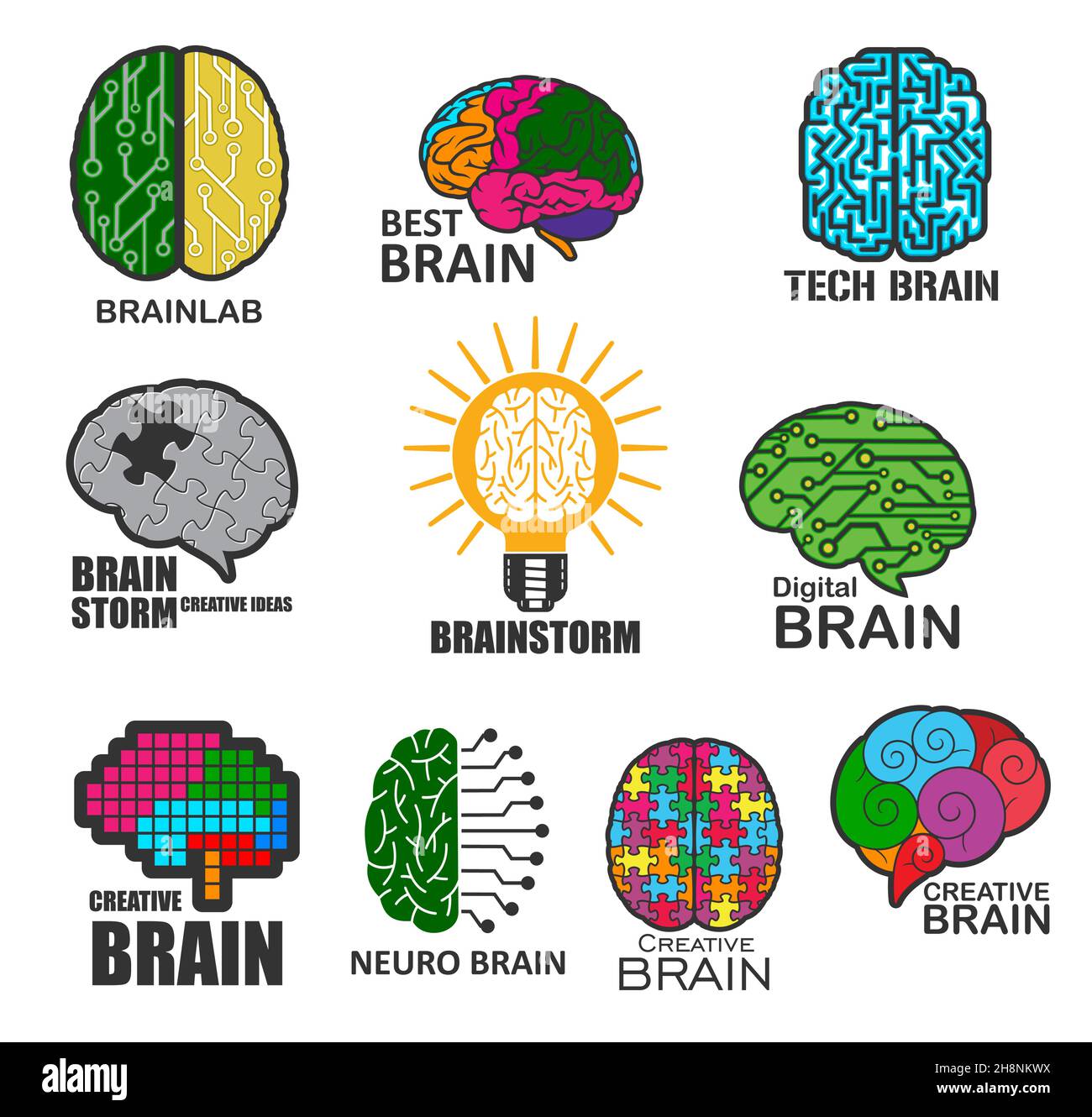 Neuro and tech brain, brainstorm and brain lab technology vector icons ...