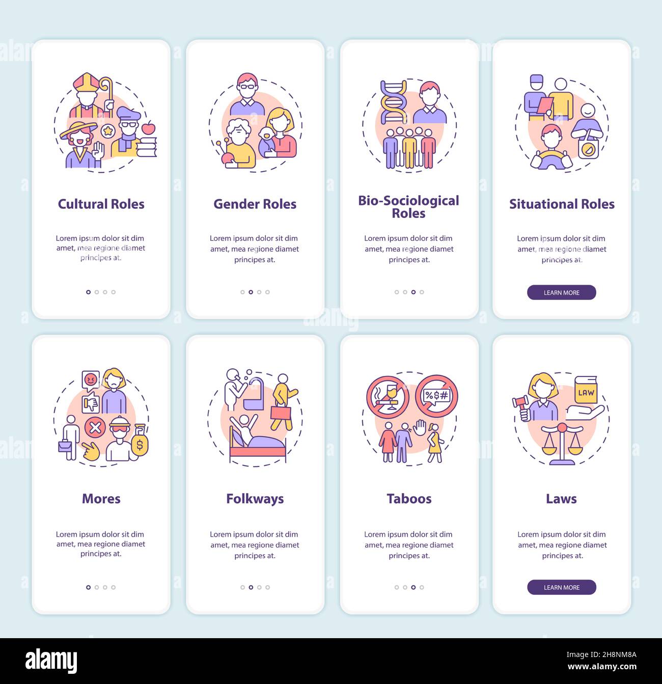 Social roles and norms set onboarding mobile app page screen Stock ...
