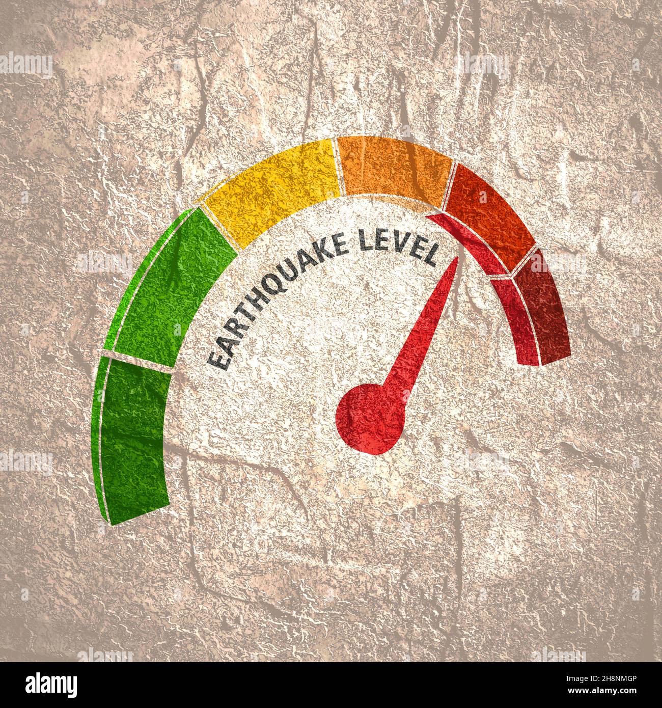 Earthquake magnitude levels scale from green to red with arrow. Seismic ...