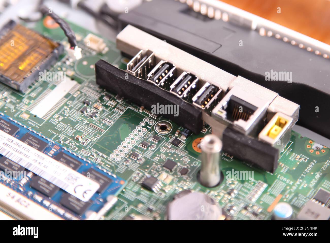Close up of PCB USB and network sockets on computer motherboard Stock ...