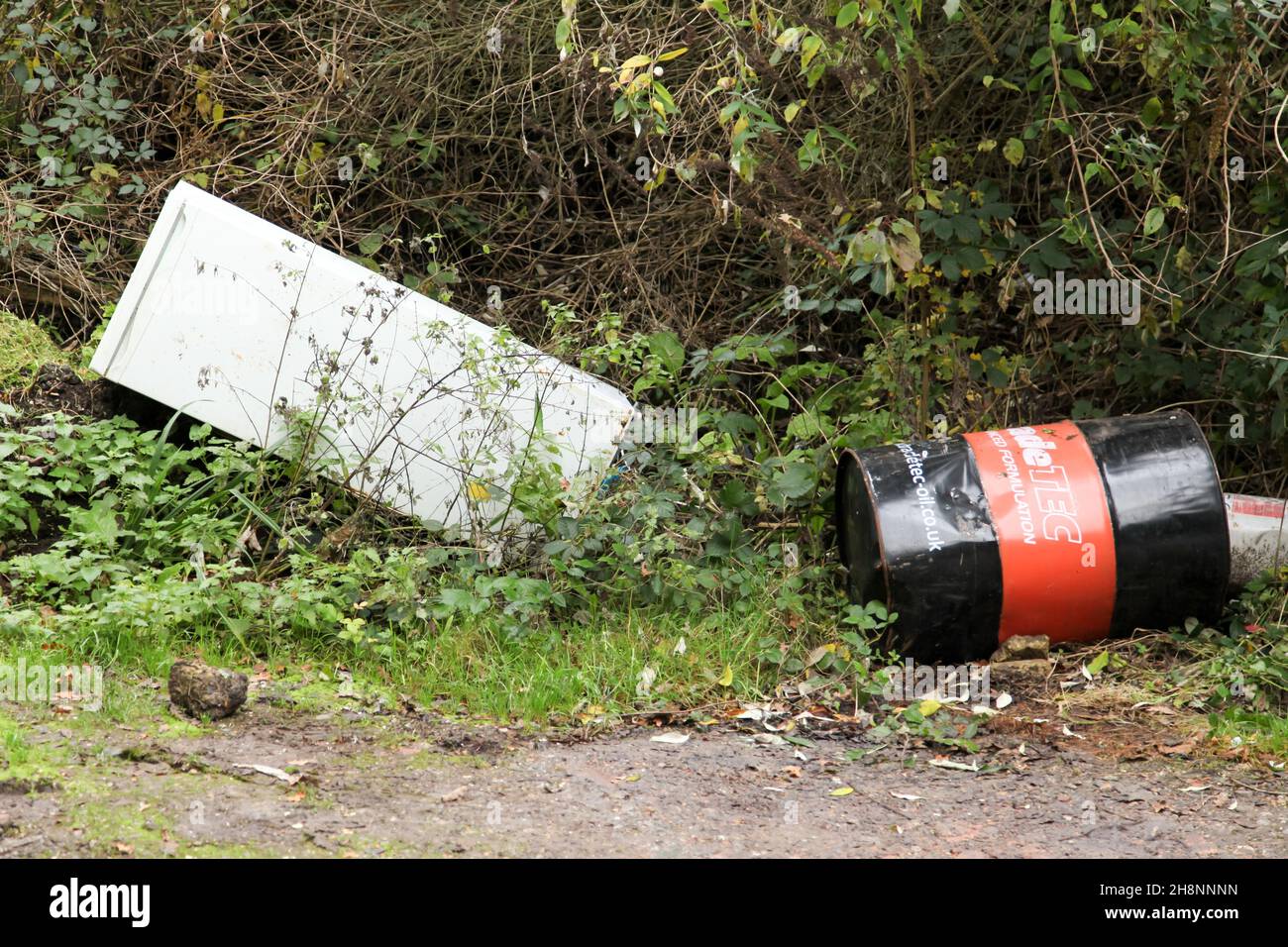 Fly tipping fridge freezer and oil barrel in ancient woodland, Oxshott ...