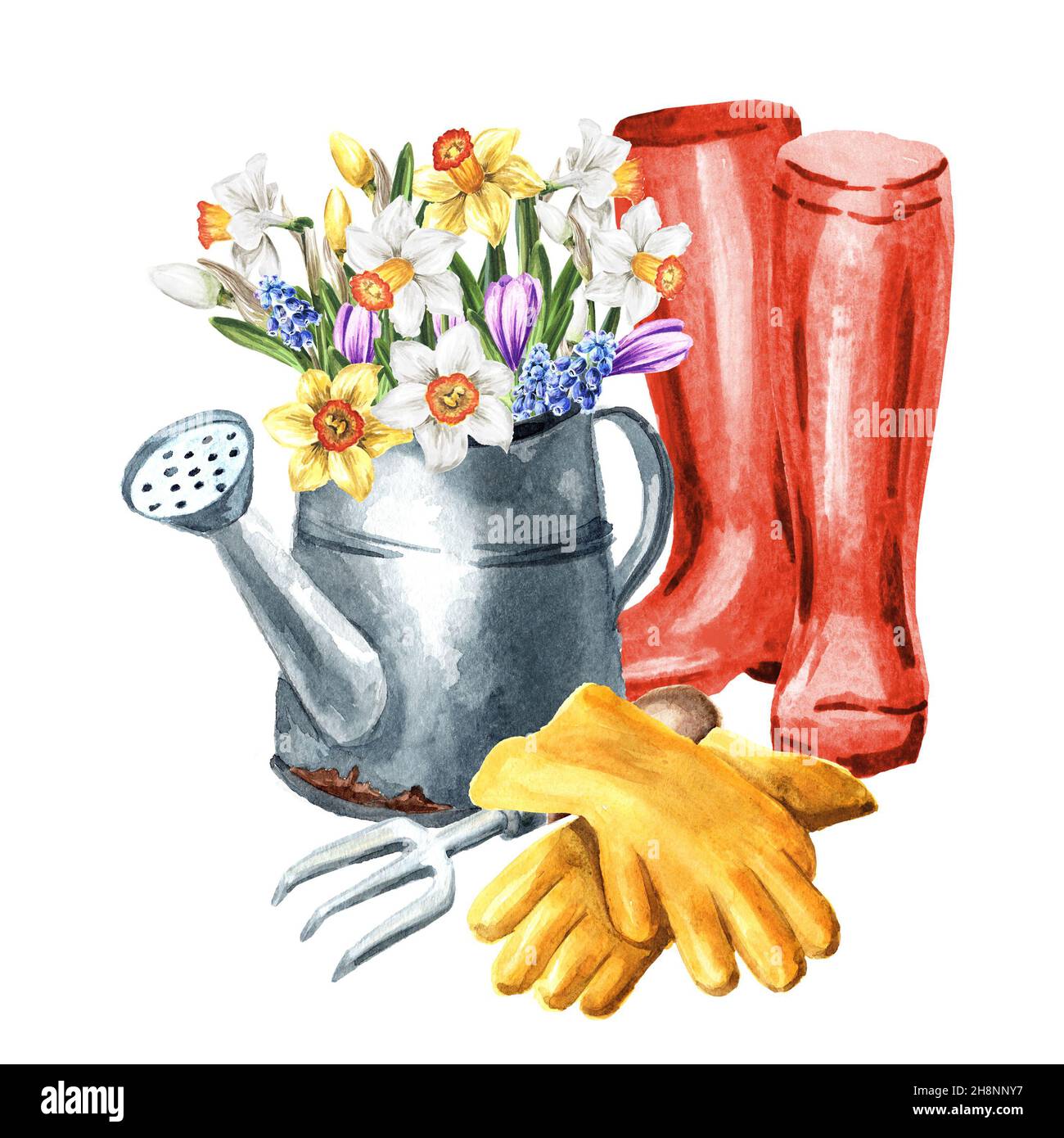 Watering can with flowers and garden tools. Spring works in the garden ...