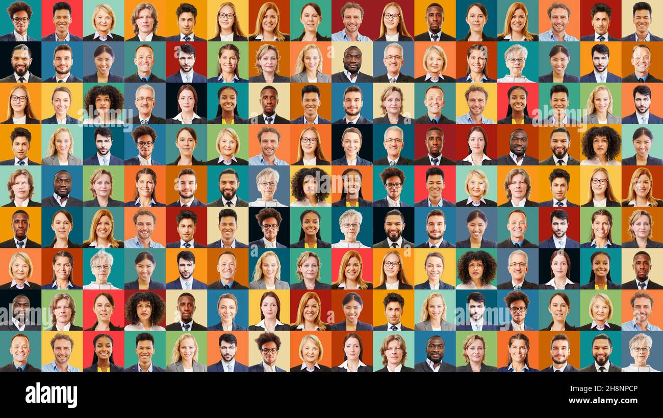 Panorama of diverse business people in front of colorful backgrounds as ...