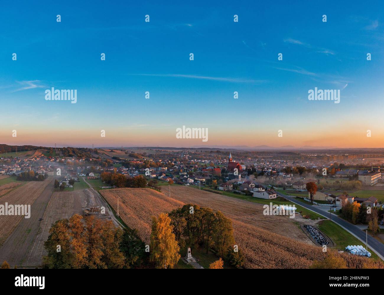 panoramic view of the village of Lubomia in Poland. Drone photography ...