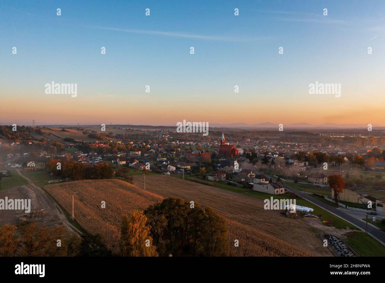 panoramic view of the village of Lubomia in Poland. Drone photography ...