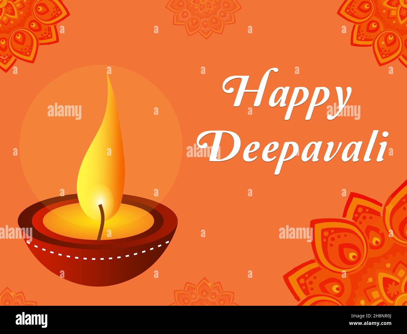 A Deepavali illustration shows a lit clay diya on an orange background ...