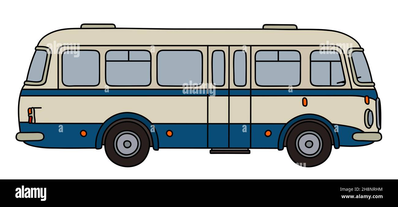 Hand drawing of a retro blue and white line bus Stock Photo - Alamy