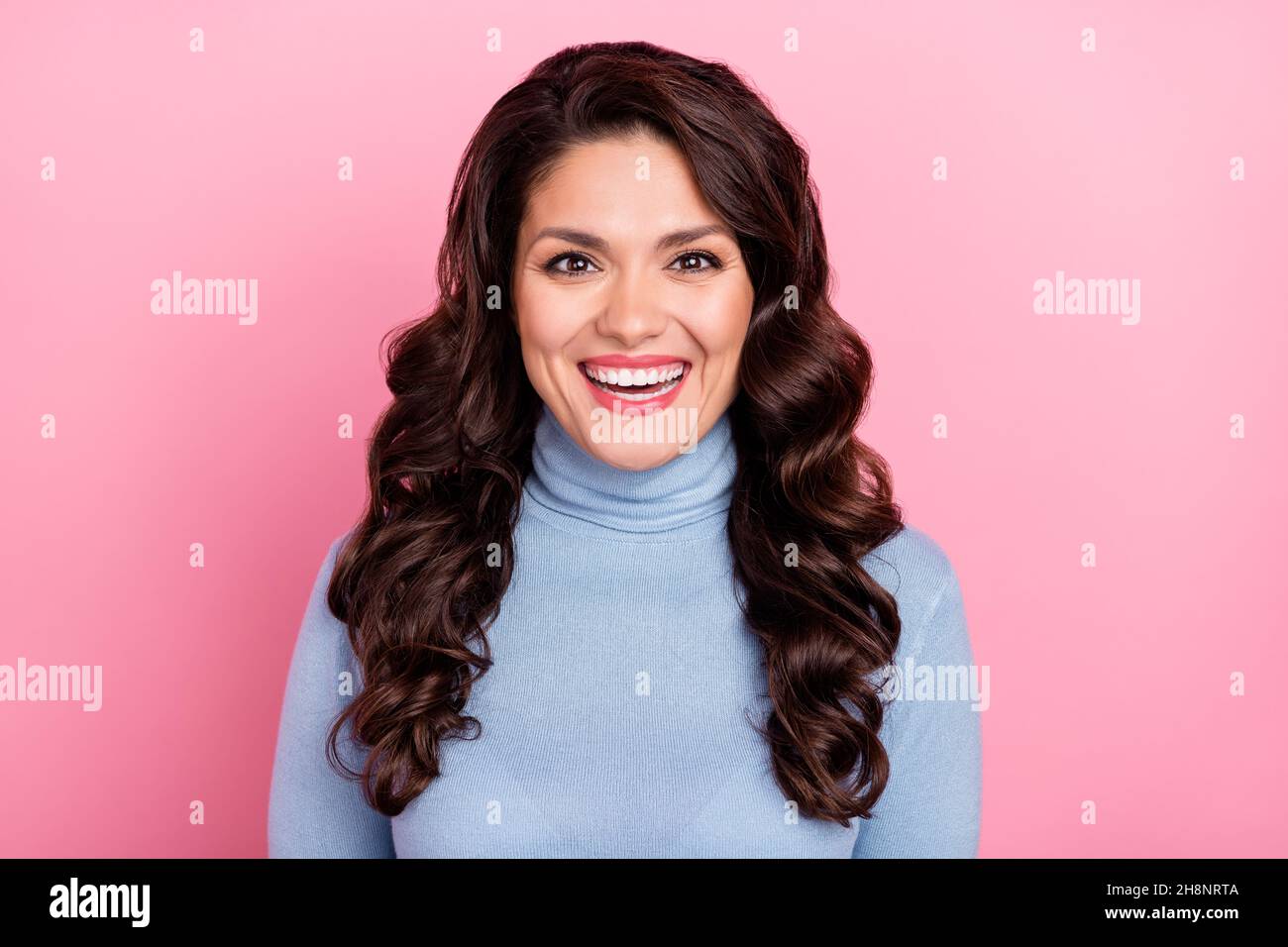 Photo of excited funny young woman wear blue sweater smiling open mouth ...
