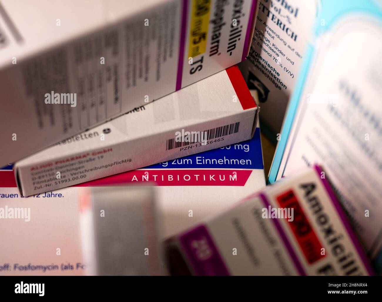 Berlin, Germany. 22nd Nov, 2021. Various packs of antibiotics lie on a ...