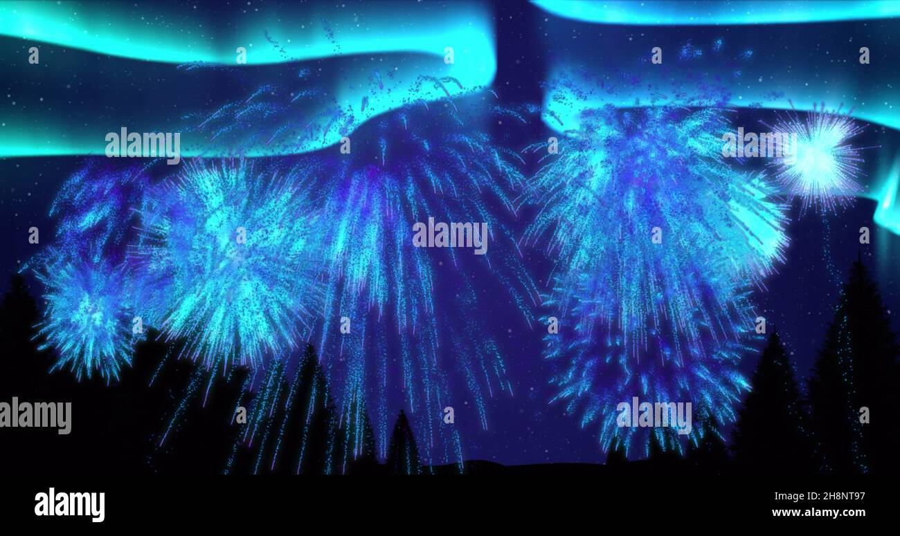 Image of blue lights with blue christmas and new year fireworks ...